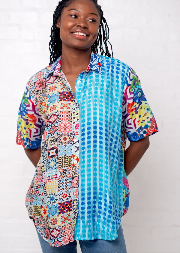 Molly Button down blouse in Multicolour Blocks – Iconic Designs Shop