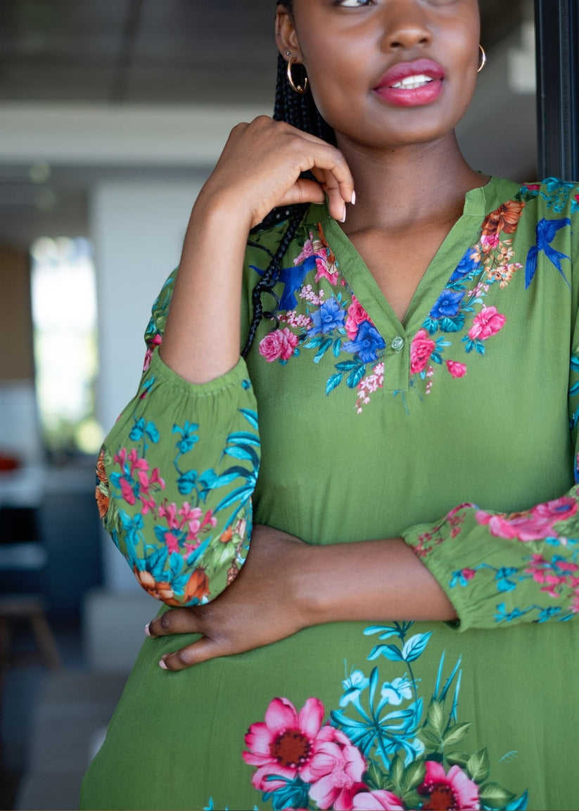 Carli Dress in Green with Pink Floral – Iconic Designs Shop