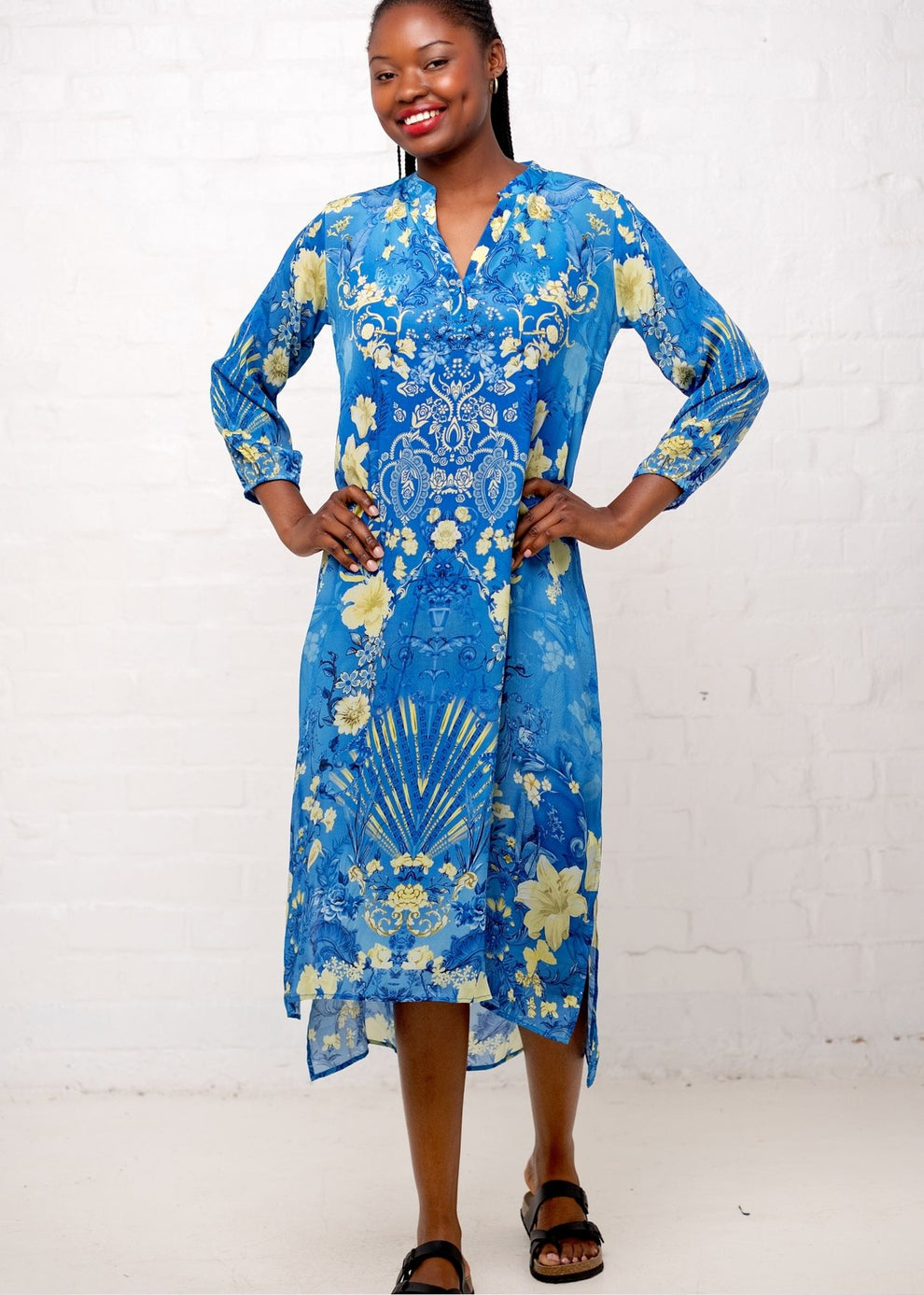 Carli Dress in Blue With Butter Yellow Flower – Iconic Designs Shop