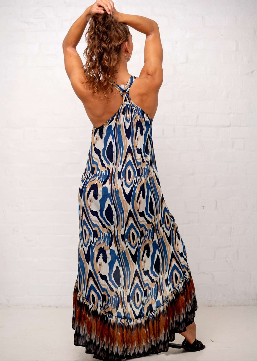The Enmi Dress - Blue and Brown Ikat – Iconic Designs Shop