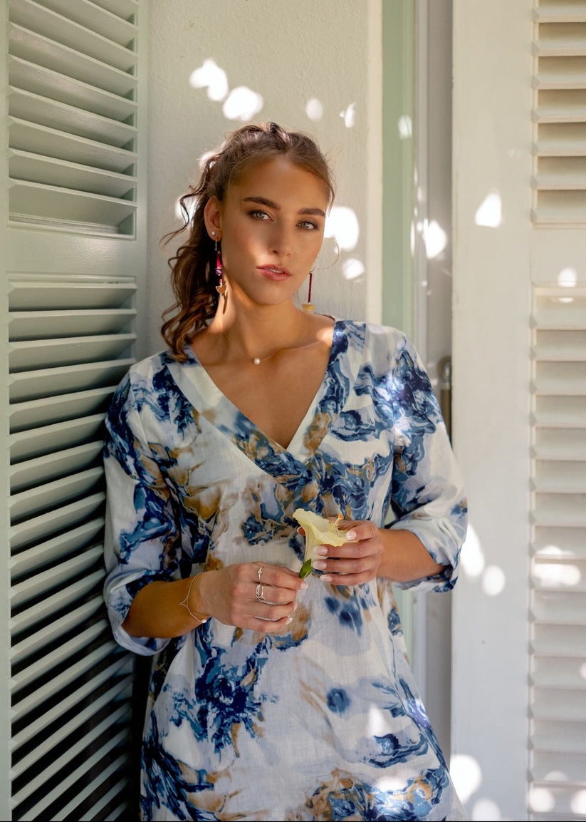 Gloria Dress with Tucked Sleeve Detail in Blue and Gold Marble – Iconic ...