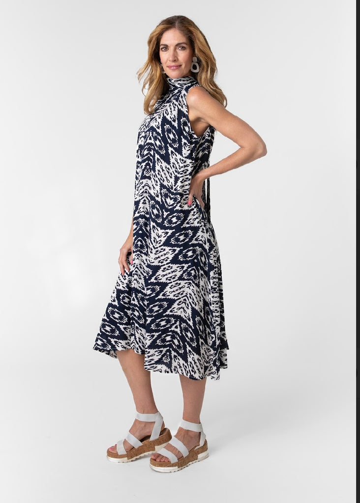 High Neck Tie dress, Navy & white Ikat – Iconic Designs Shop